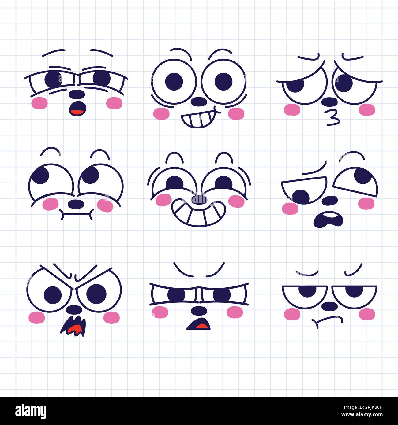 Set of cute kawaii faces with different emotions. Vector illustration ...