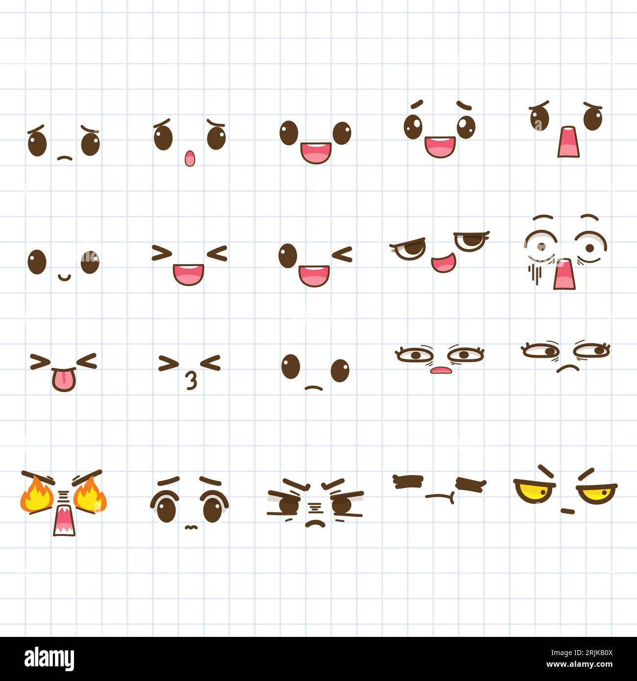 Set of cute kawaii faces with different emotions. Vector illustration ...