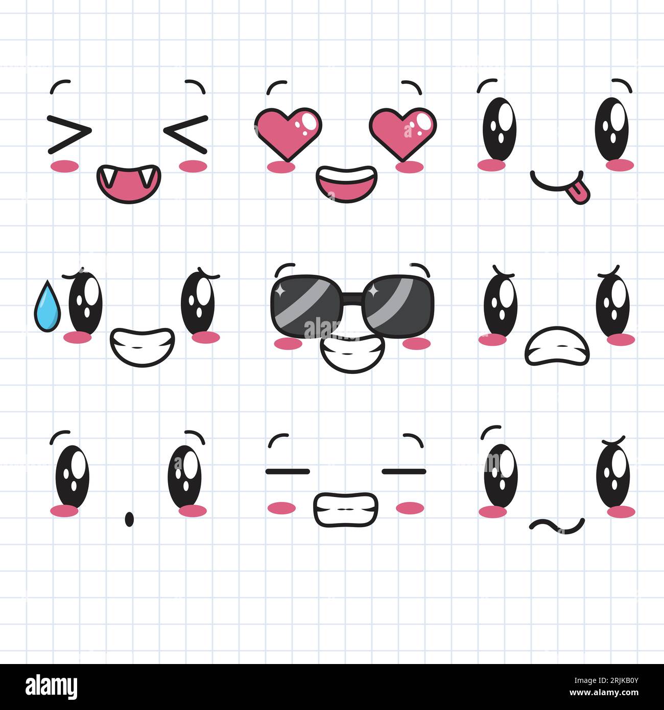 Set of cute kawaii faces with different emotions. Vector illustration ...