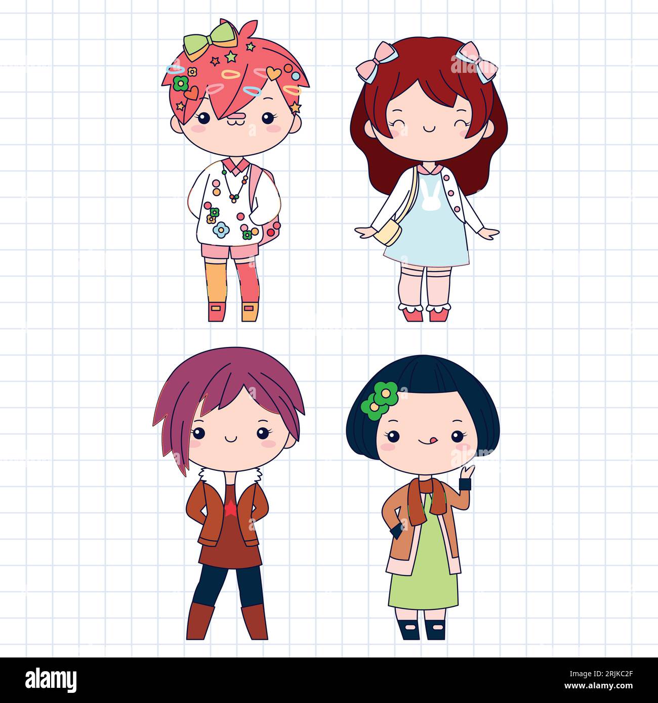 Cute fashion girls set. Hand drawn vector illustration on notebook page ...