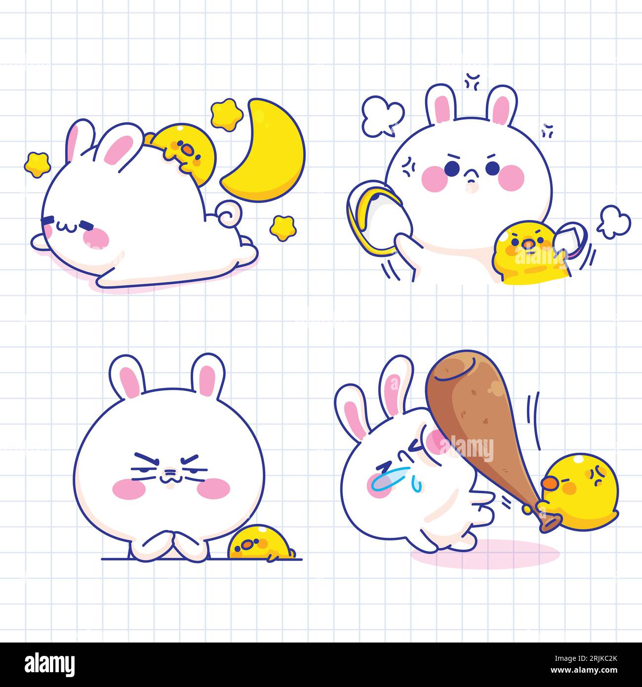 Set of cute cartoon rabbits. Vector illustration on a notebook page ...