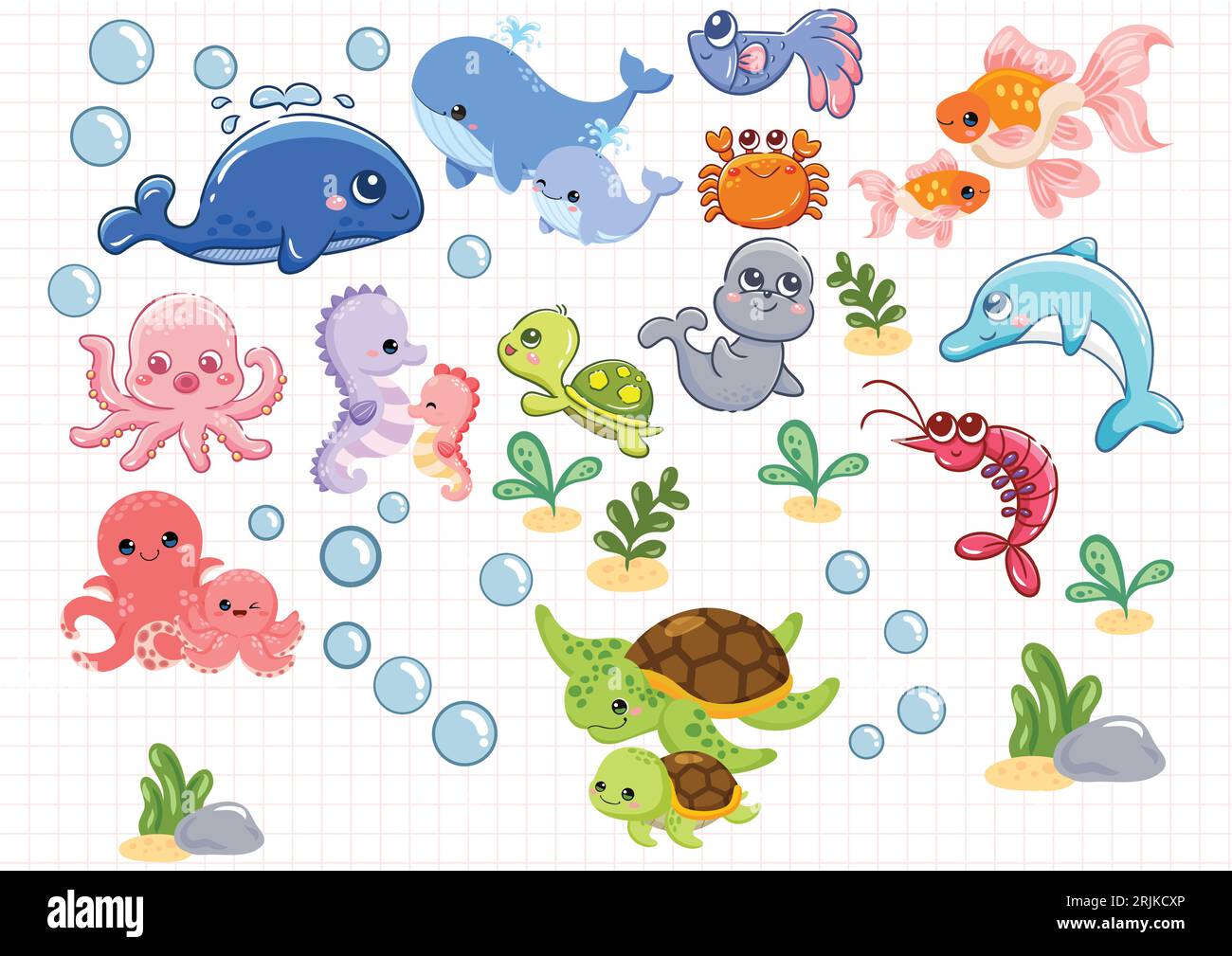 Cartoon sea animals Cute ocean fish octopus shark and turtle jellyfish ...