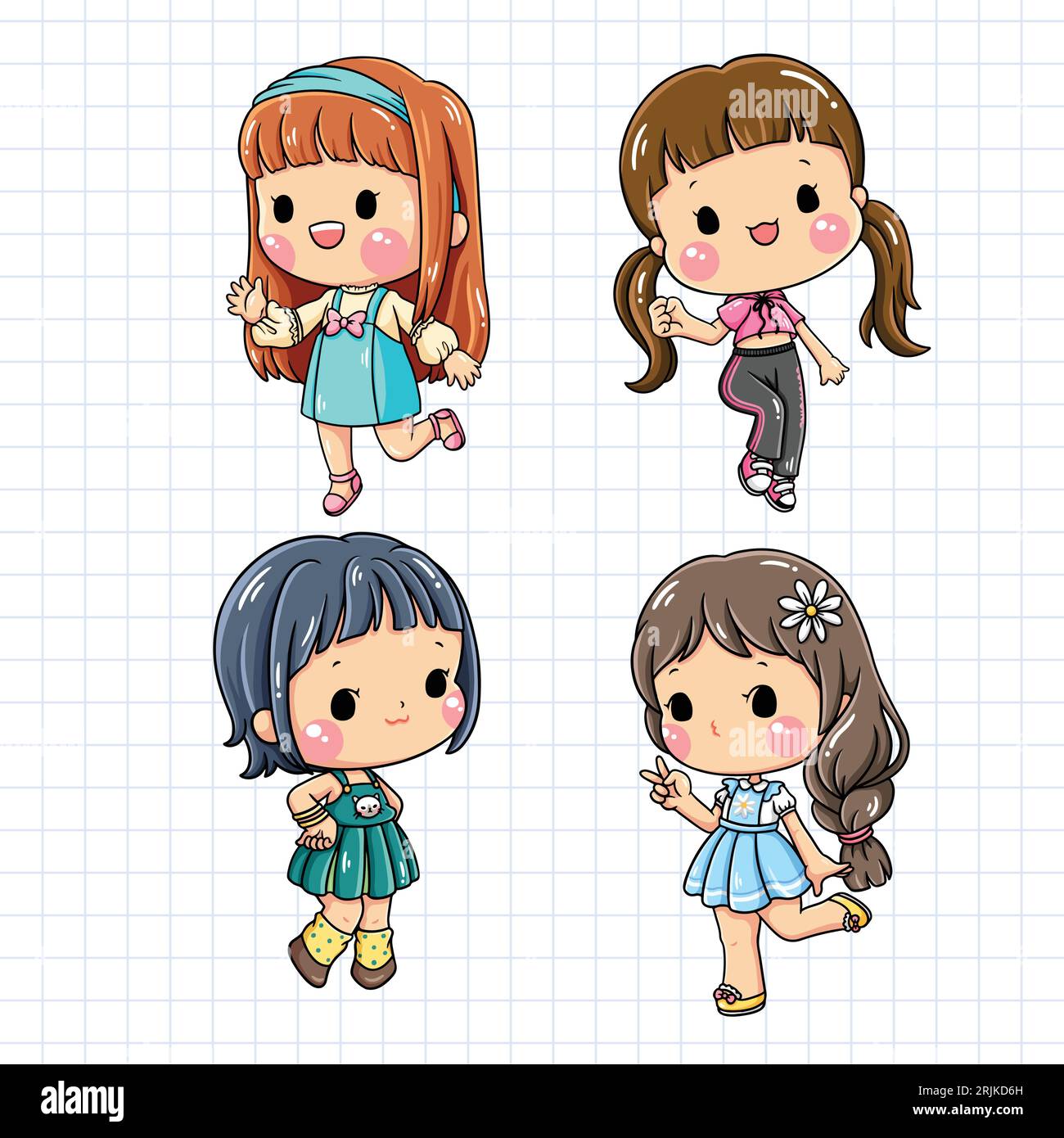 Set of cute little girls. Vector illustration on a notebook page Stock ...