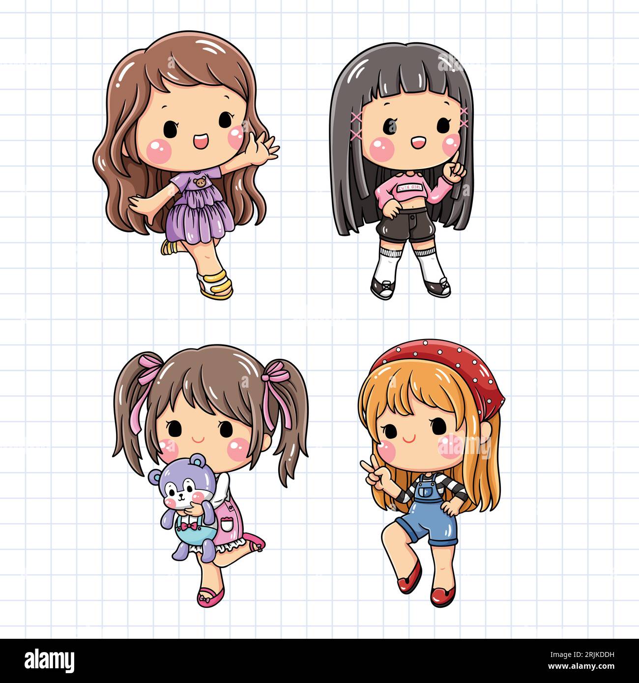 Set of cute little girls. Vector illustration on a notebook page Stock ...