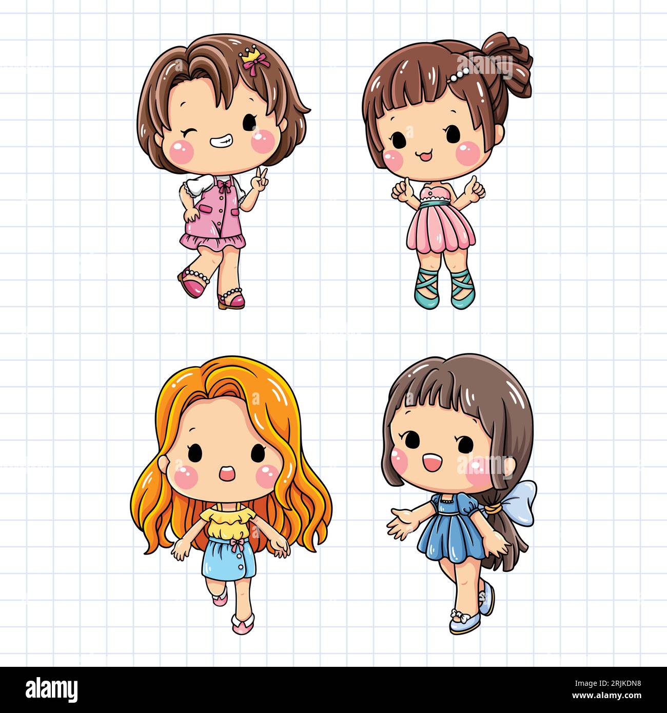 Set of cute little girls. Vector illustration on a notebook page Stock ...