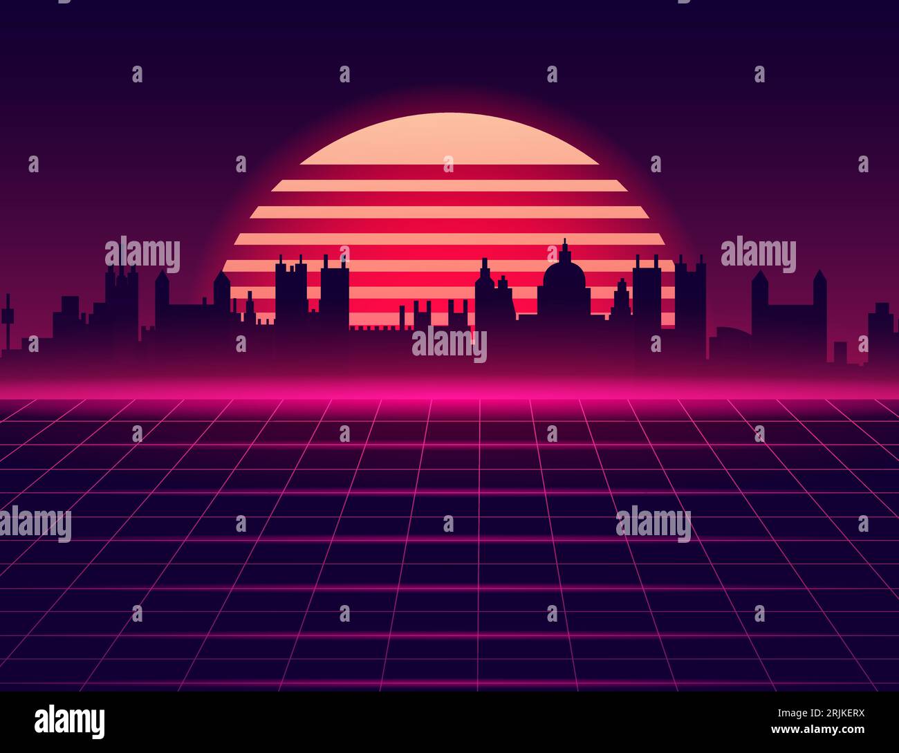 Retro futuristic synthwave retrowave styled night cityscape with sunset ...