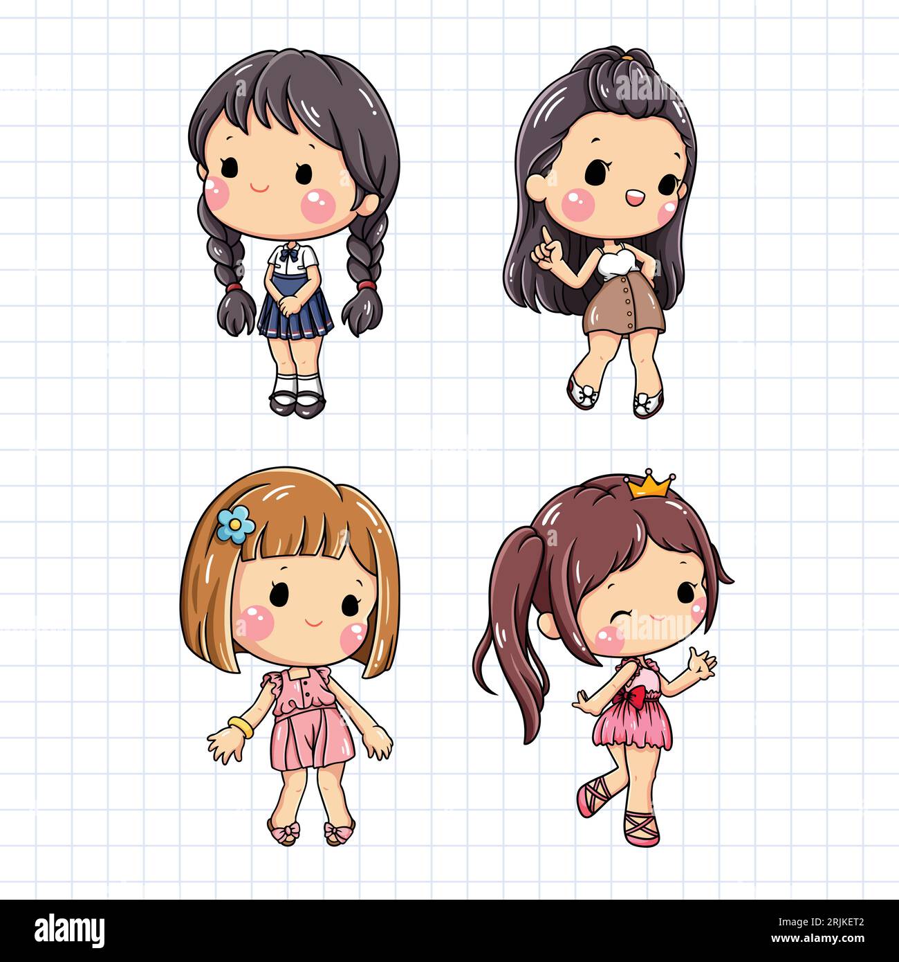 Set of cute little girls. Vector illustration on a notebook page Stock ...