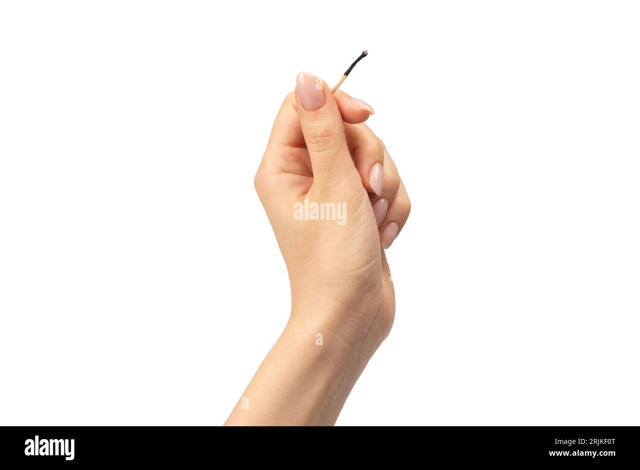 Lit match in a woman hand isolated on a white background. Copy space ...