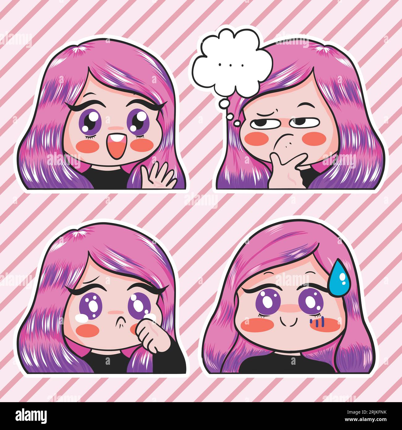 Cute cartoon girl with different facial expressions set. Vector ...