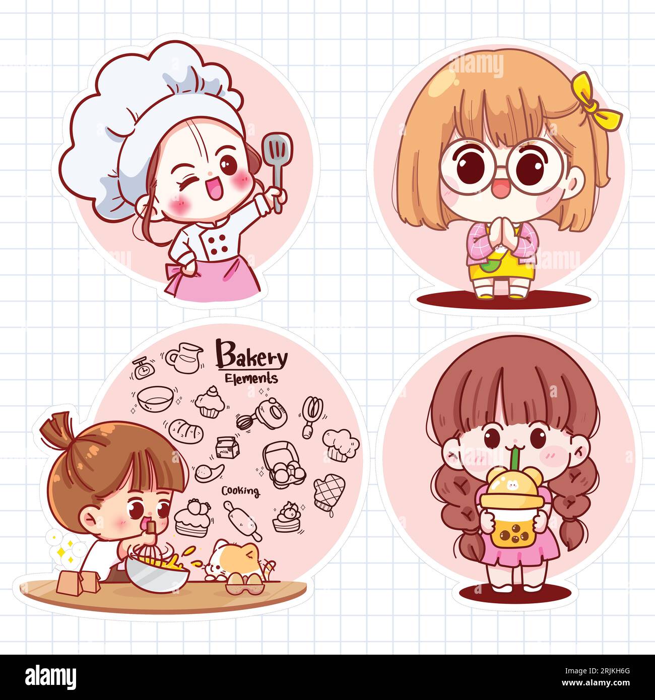 Cute cartoon girl with different facial expressions set. Vector ...