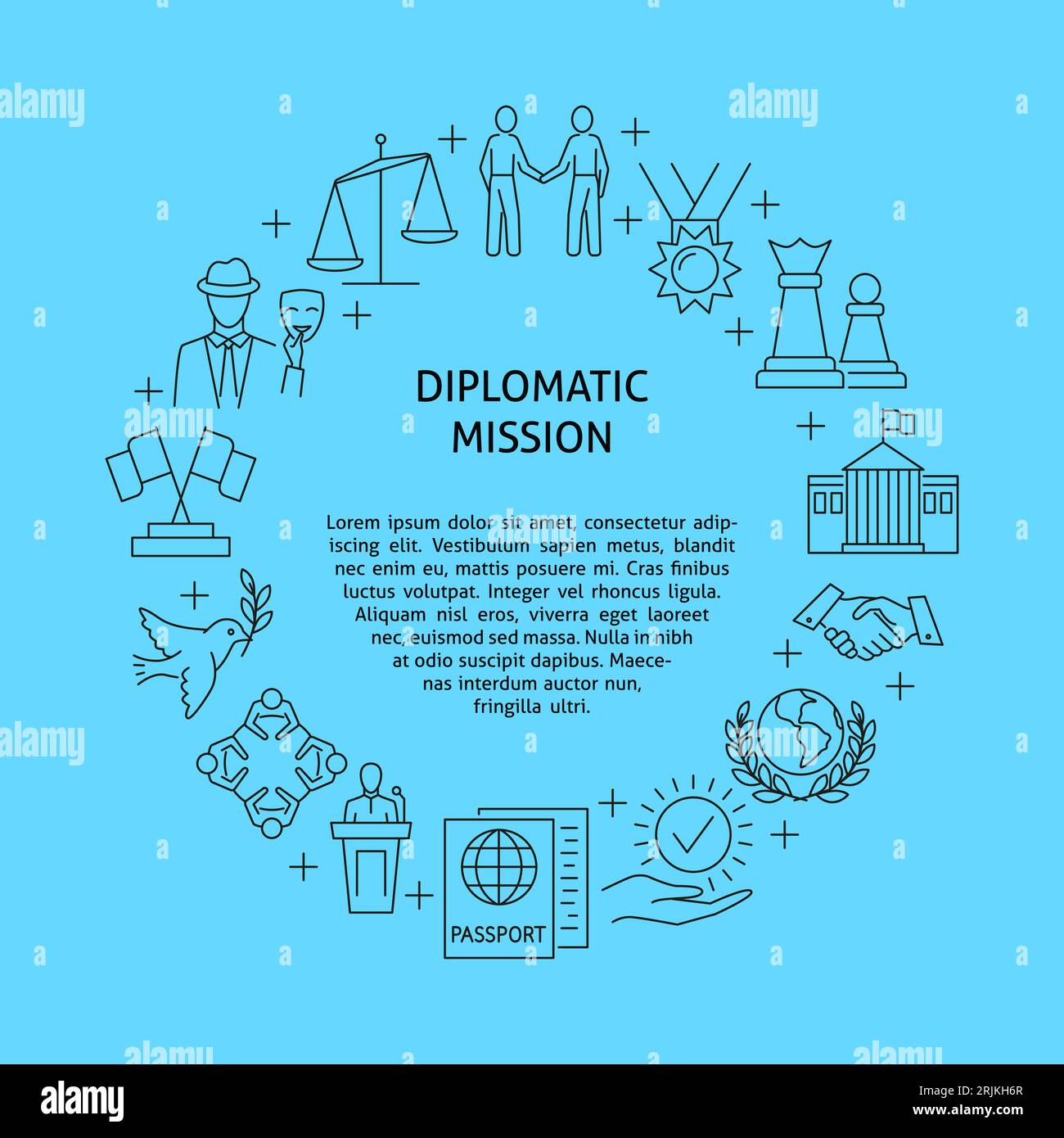 Diplomacy and diplomatic mission round banner in line style ...