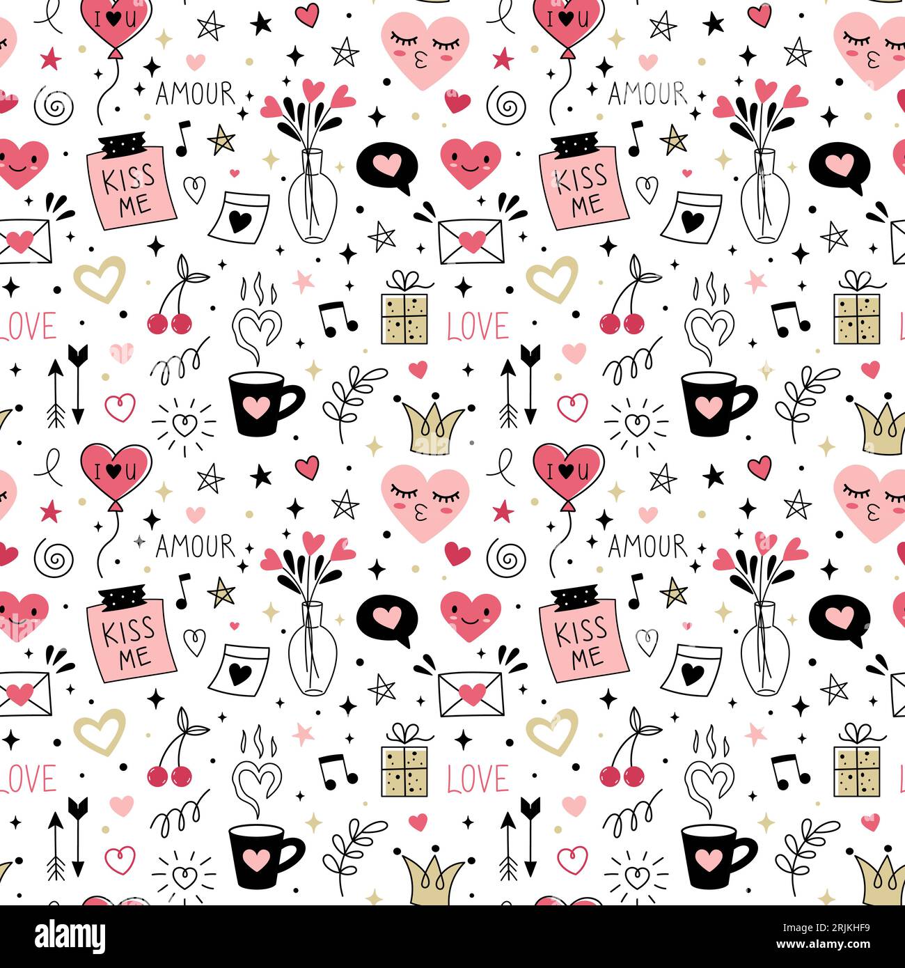 Love doodles seamless pattern. Set of cute love elements. Doodle style ...