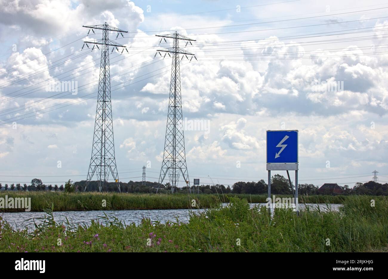 Warning sigh at a dutch canal, warning for electricity pylons, the ...