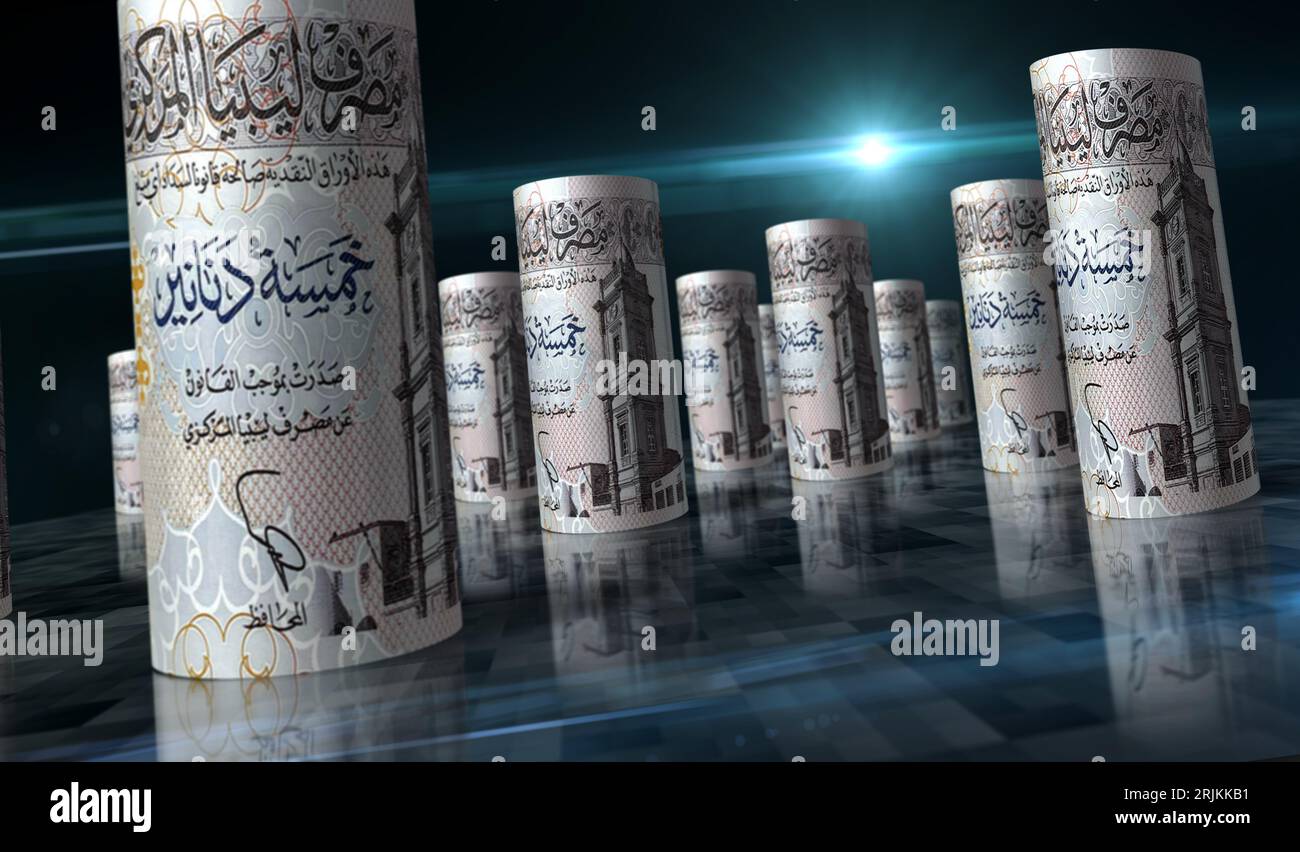 Libya money Libyan Dinar money roll 3d illustration. 5 LYD banknote ...