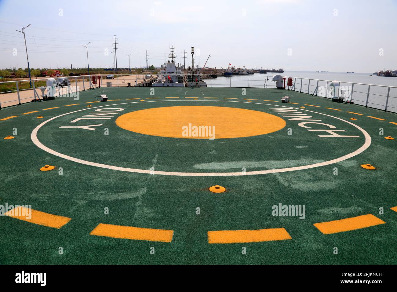 Helicopter hoist hovering sign on deck Stock Photo - Alamy