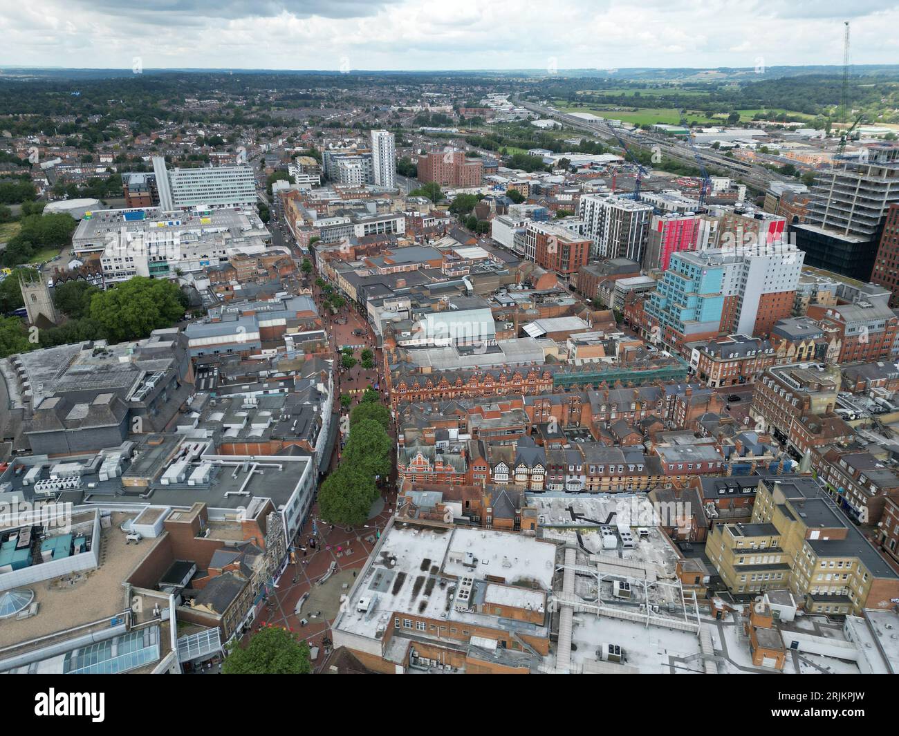 Reading town centre shops and housing Berkshire UK drone, aerial Stock ...