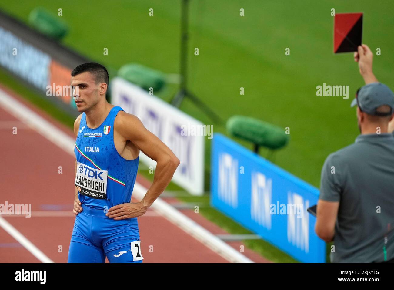Mario Lambrughi, of Italy is disqualified for a false start in a Men's ...