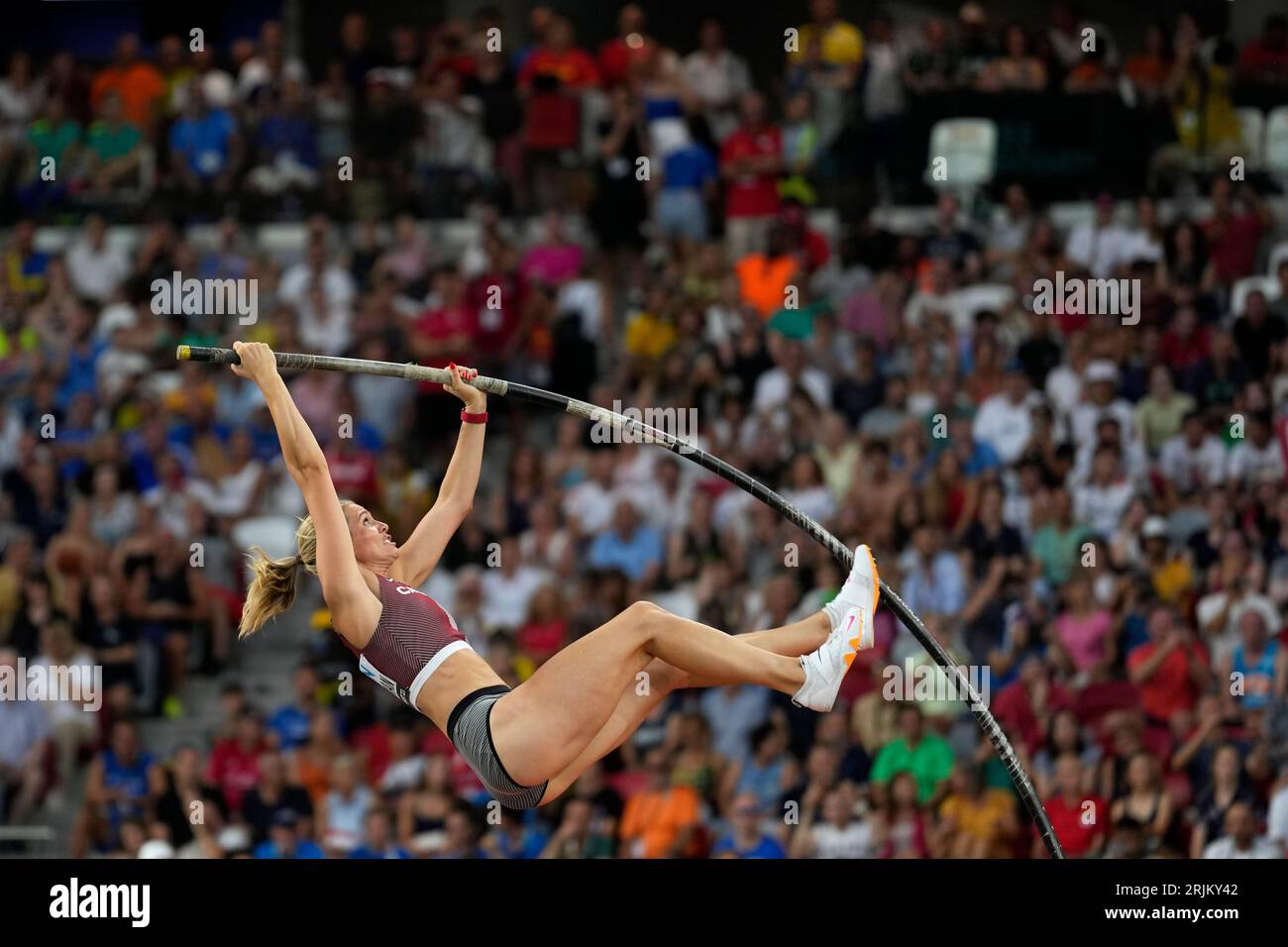 Alysha Newman, of Canada, makes an attempt in the Women's pole vault ...