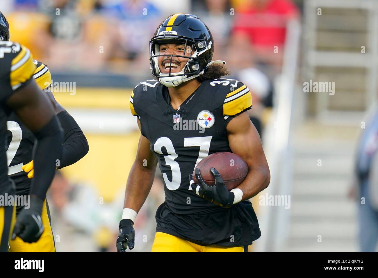 Pittsburgh Steelers safety Elijah Riley (37) celebrates an interception ...