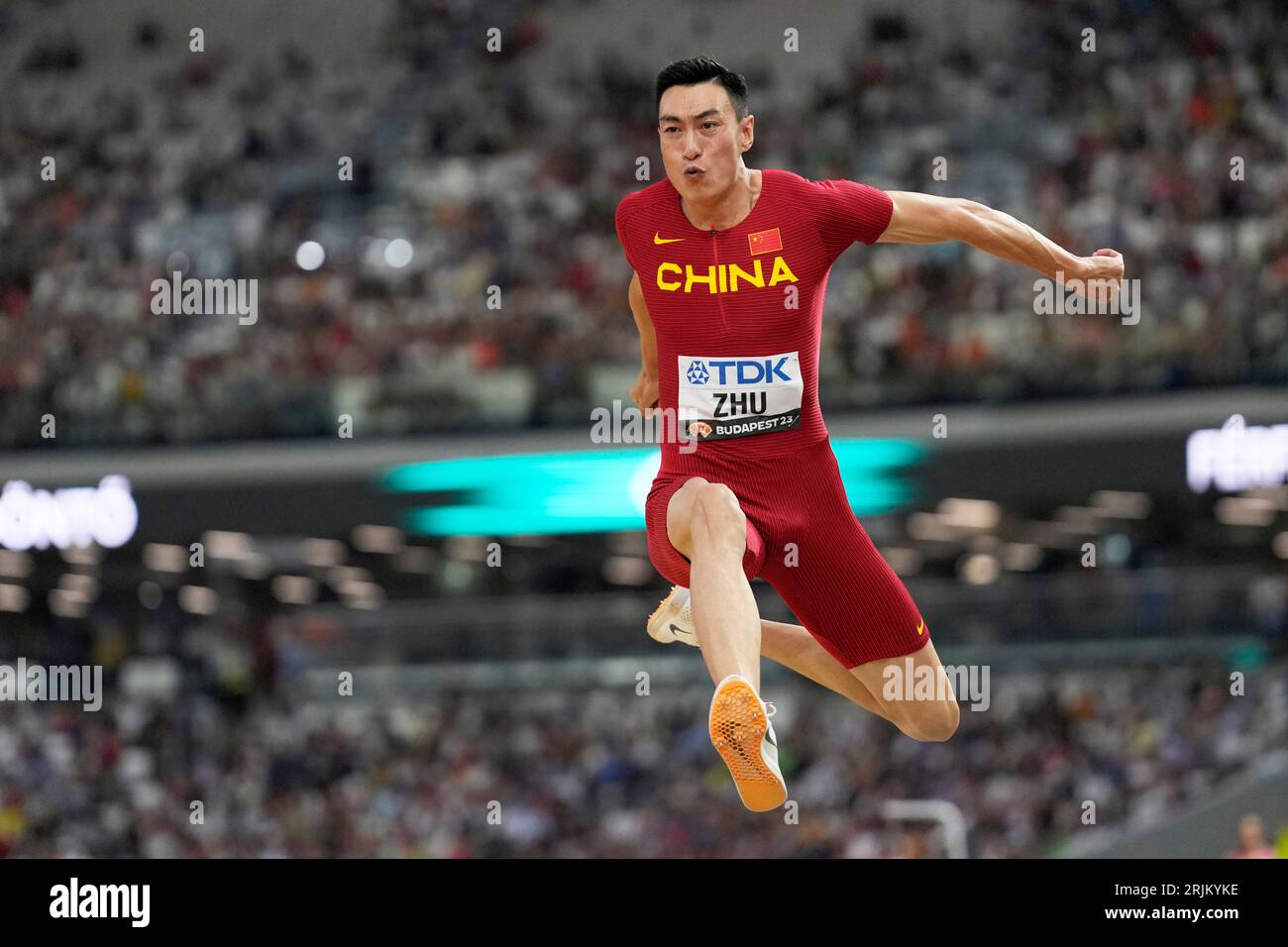 Yaming Zhu, of China, makes an attempt in the Men's triple jump final during the World Athletics ...