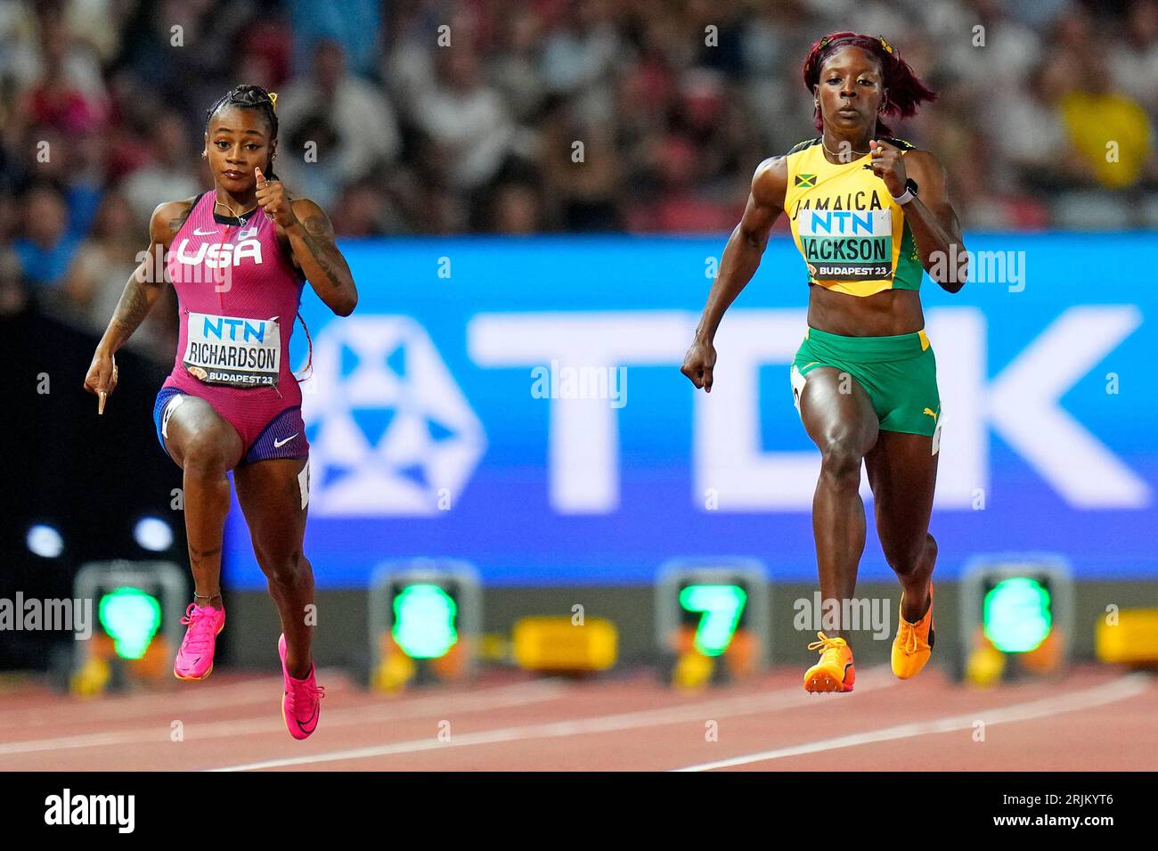 Sha'Carri Richardson, of the United States and Shericka Jackson, of ...