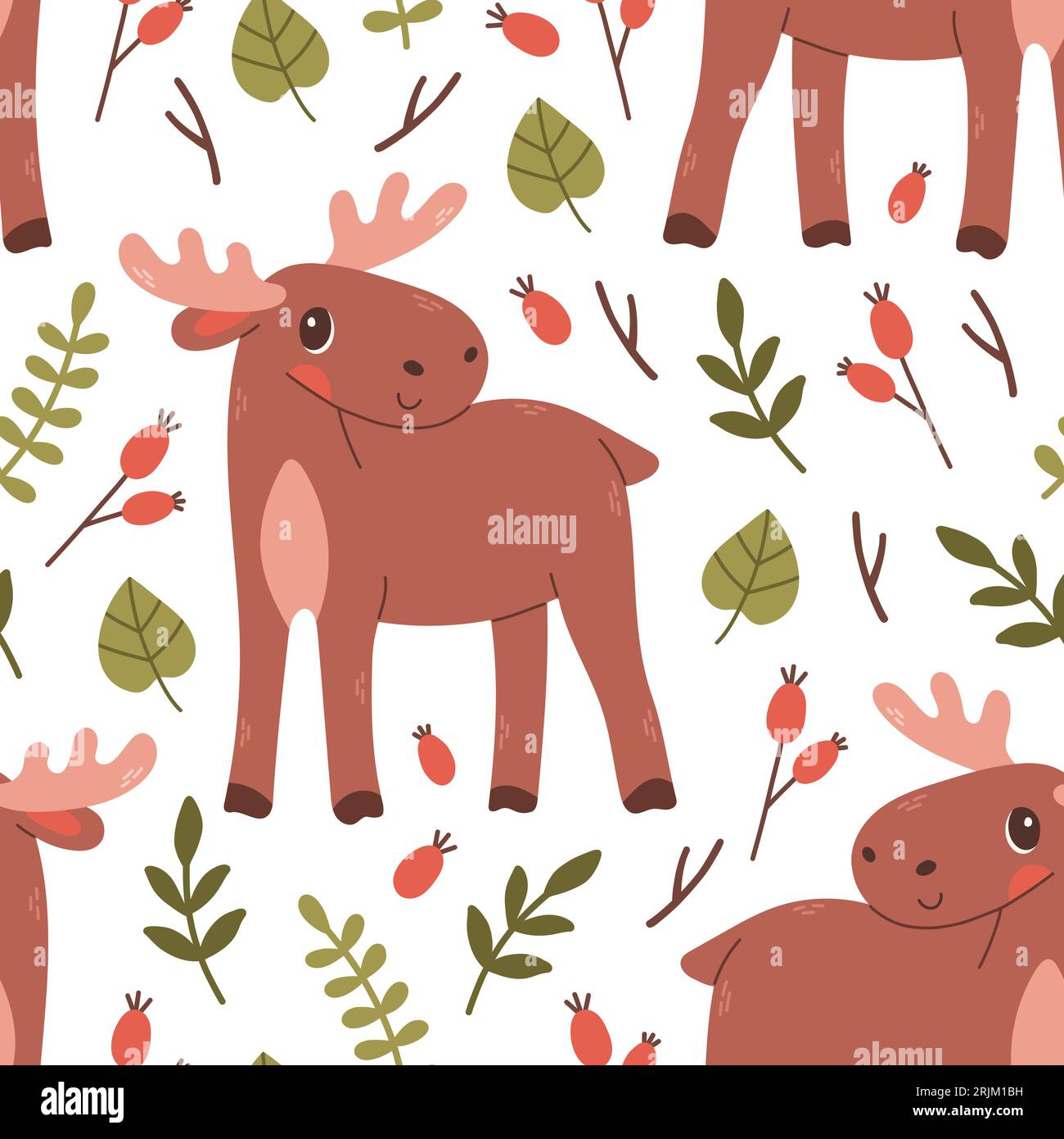 Fall pattern with elk. Seamless woodland pattern with leaves and cute ...