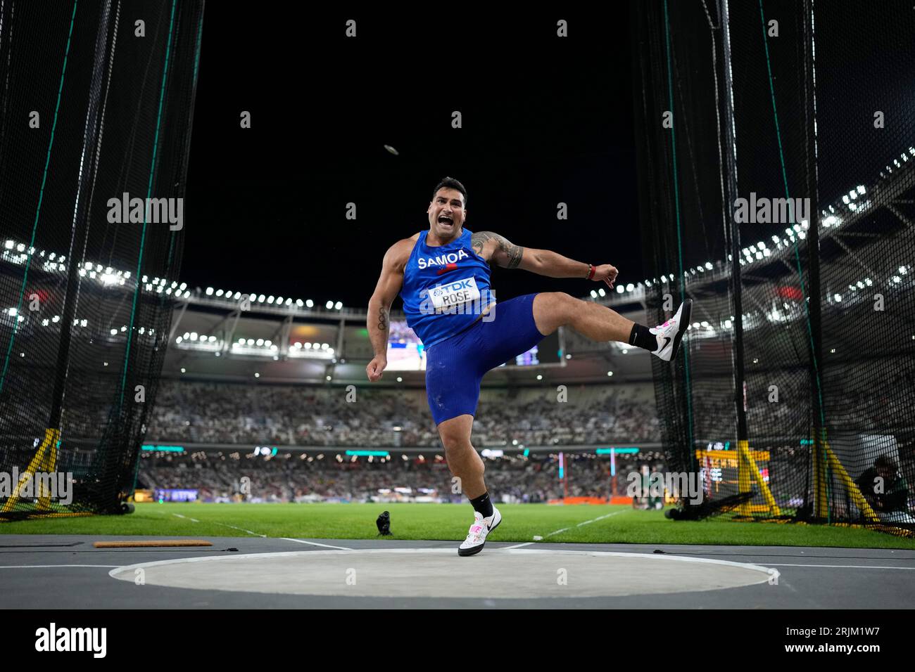 Alex Rose, of Samoa, makes an attempt in the Men's discus throw final ...