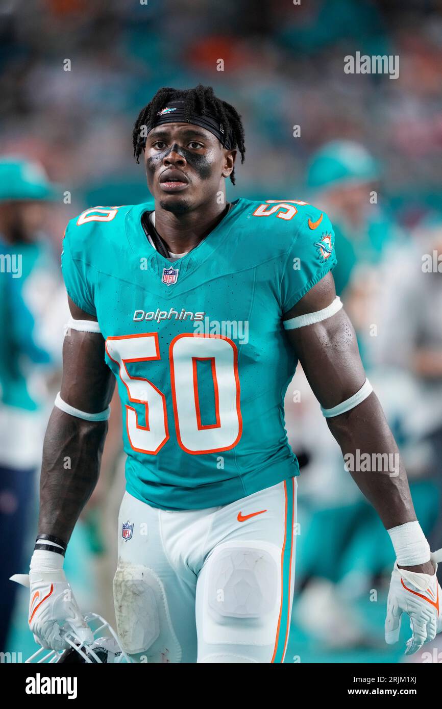 Miami Dolphins linebacker Mitchell Agude is shown on the sideline ...