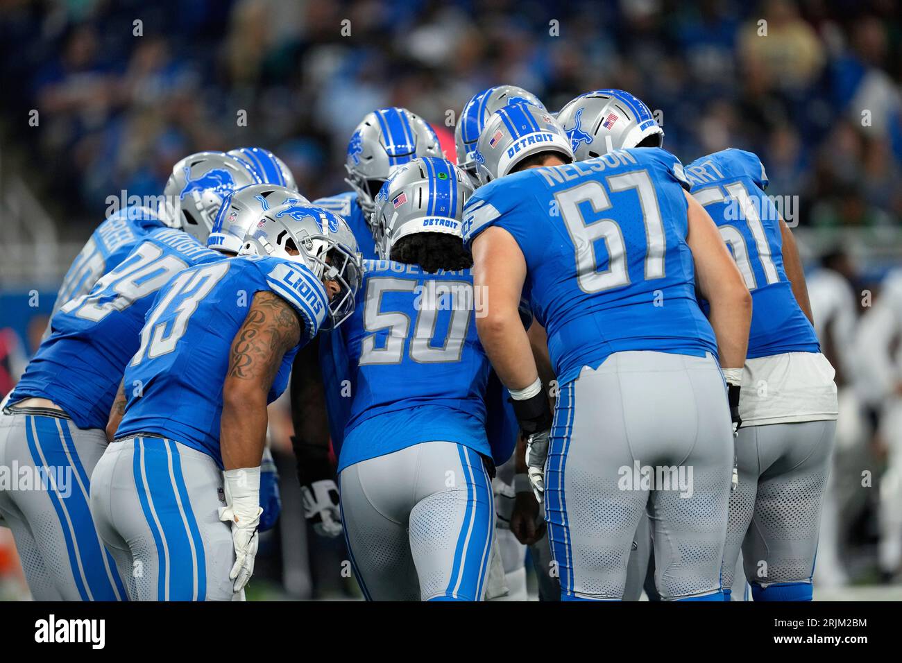 Detroit Lions quarterback Teddy Bridgewater (50) huddles the offense ...