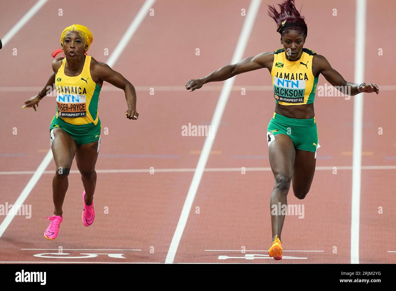 Shericka Jackson and Shelly-Ann Fraser-Pryce of Jamaica, from right ...