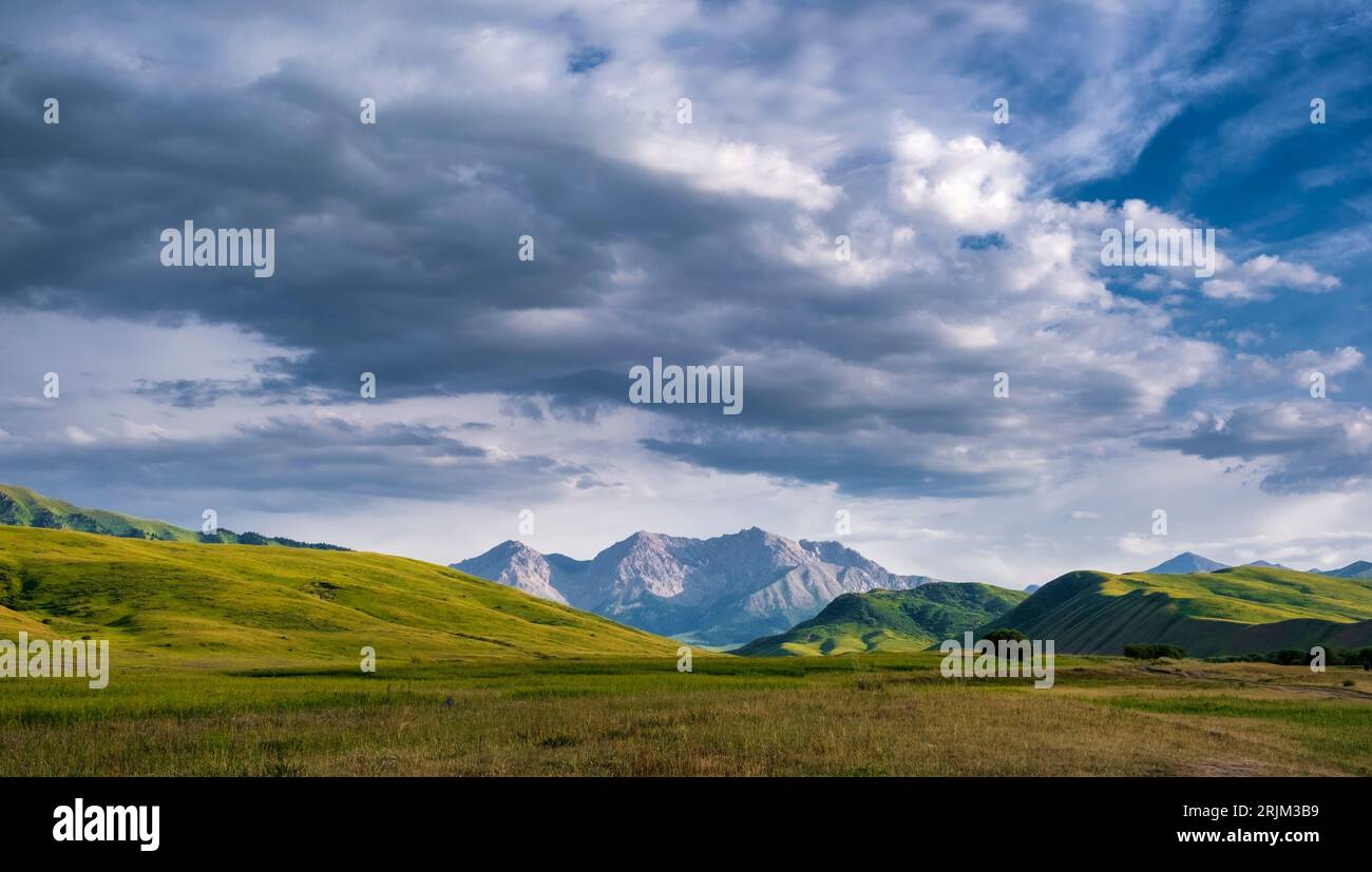 Beautiful green summer hills and fields in the foothills of Tien Shan ...