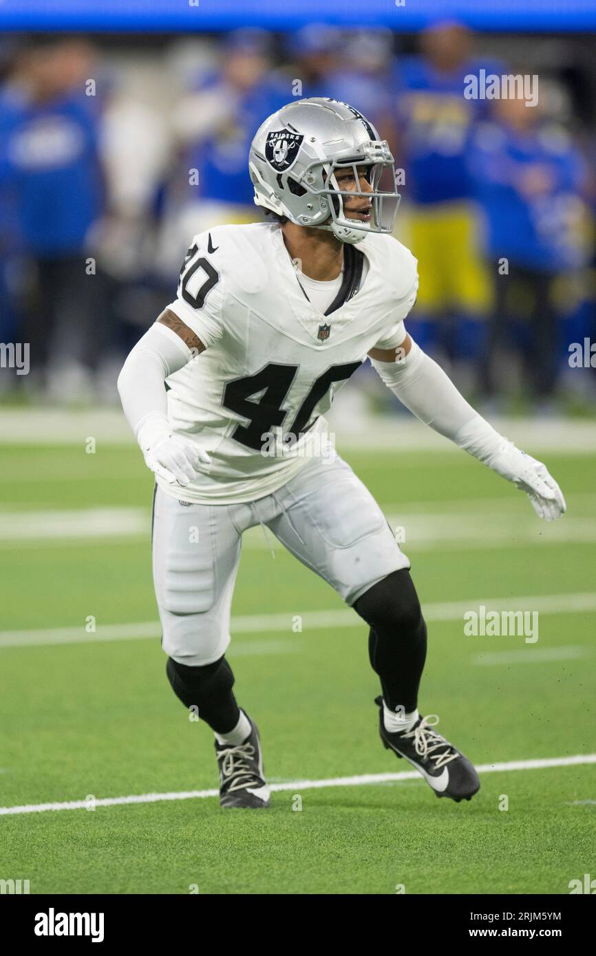 Las Vegas Raiders safety Jaydon Grant (40) takes his stance during an ...