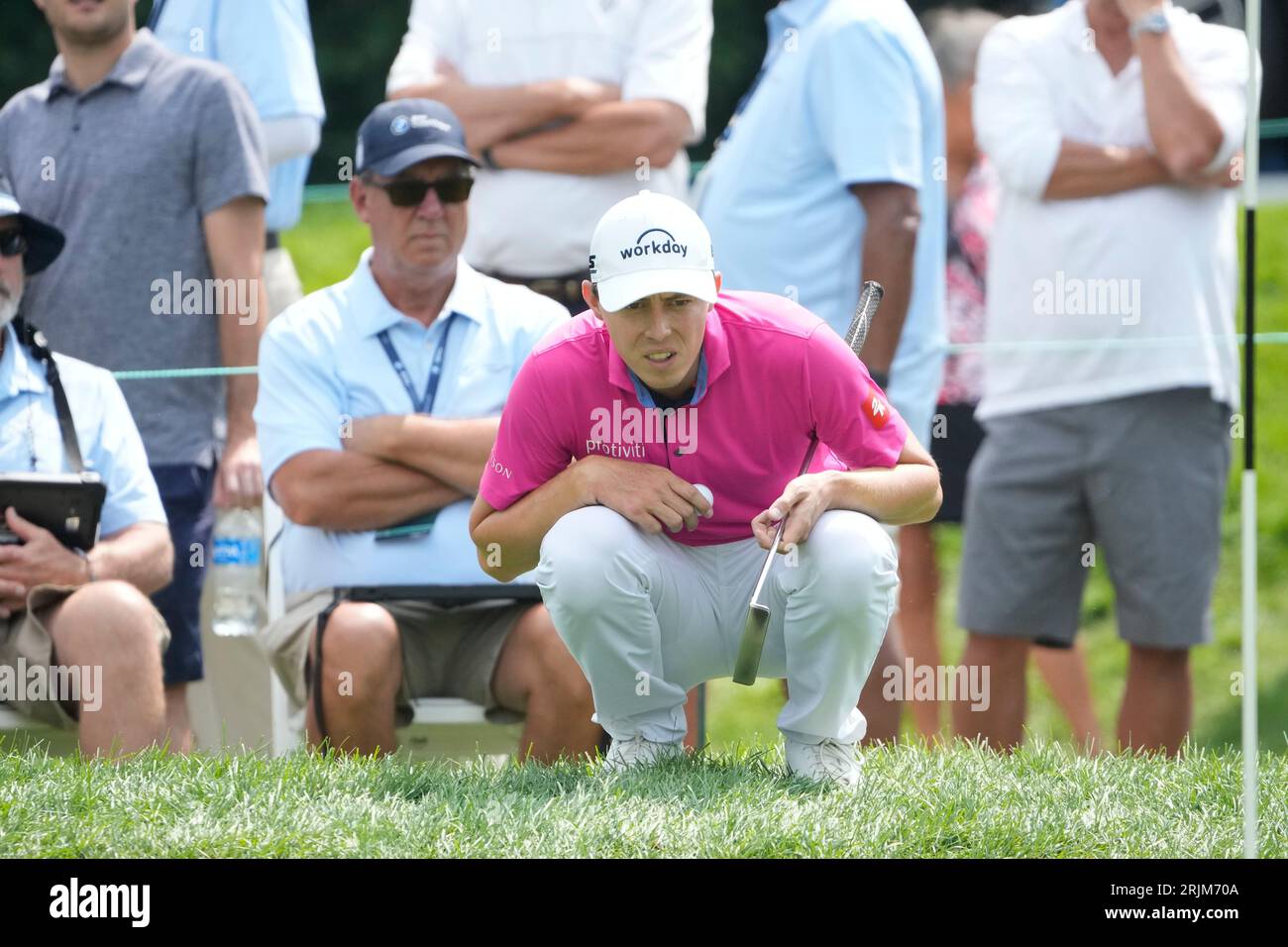 Matt Fitzpatrick eyes his putt on the 15th green during the second round of the BMW Championship ...