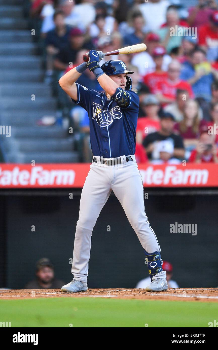 ANAHEIM, CA - AUGUST 18: Tampa Bay Rays third baseman Curtis Mead (25) at bat during the MLB ...