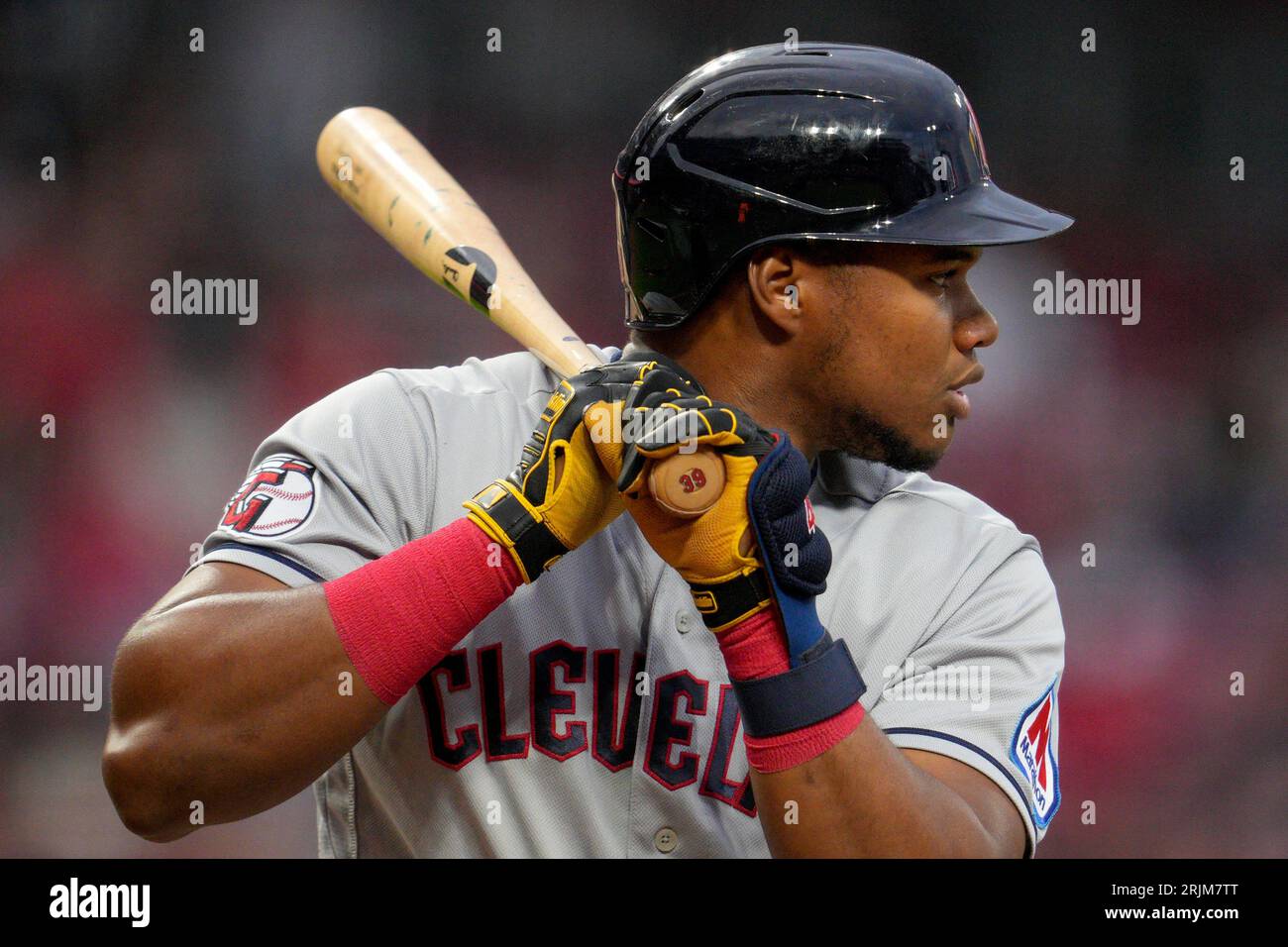 Cleveland Guardians' Oscar Gonzalez bats during a baseball game against ...