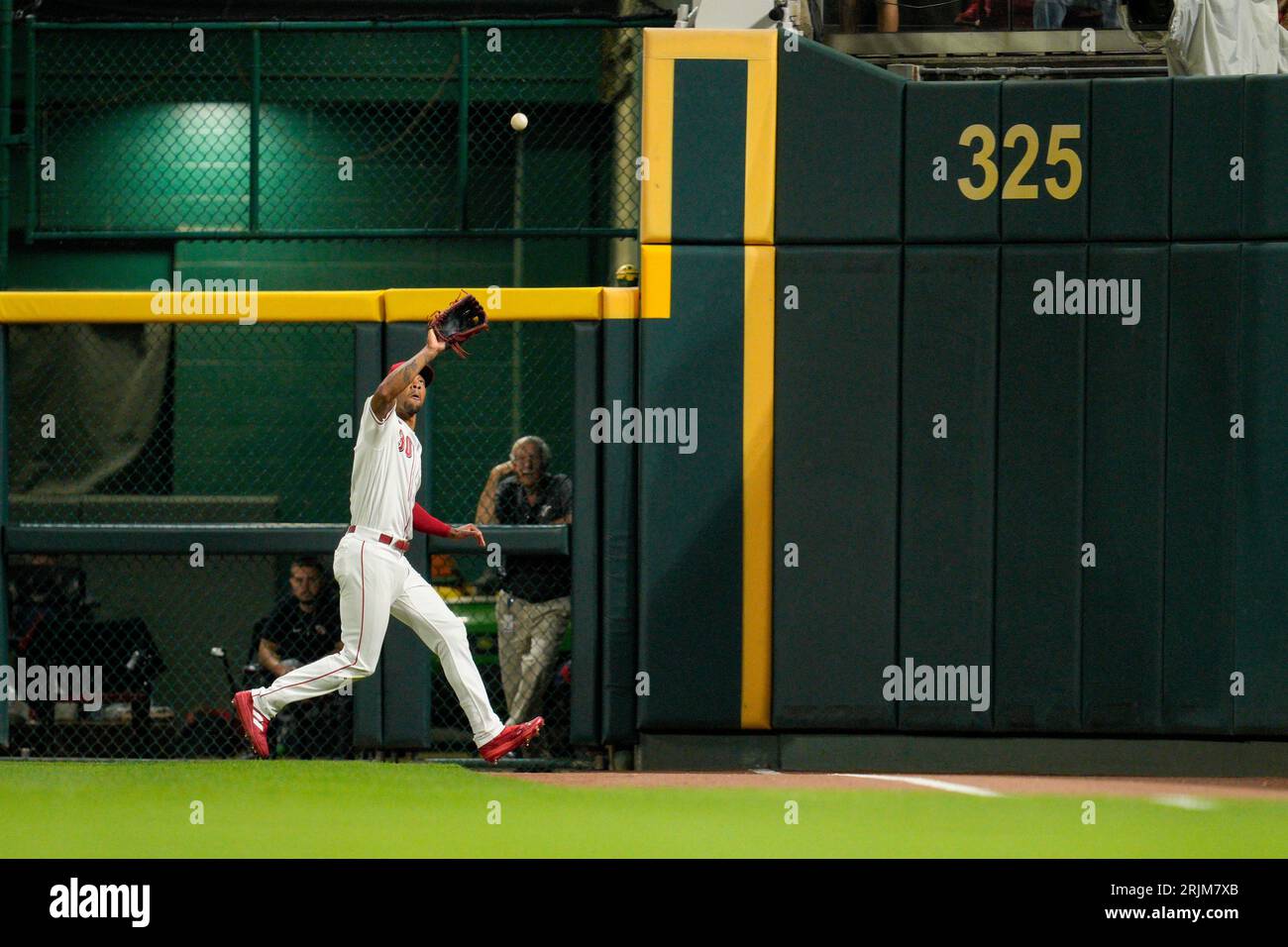 Cincinnati Reds left fielder Will Benson (30) catches a fly ball hit by ...