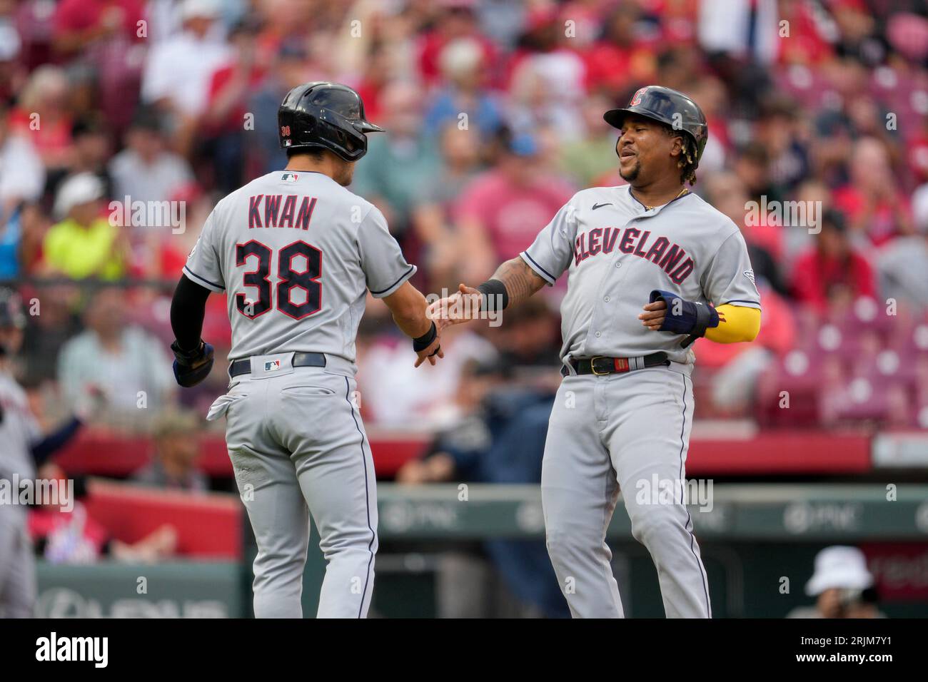 Cleveland Guardians' Steven Kwan (38) celebrates with Jose Ramirez ...