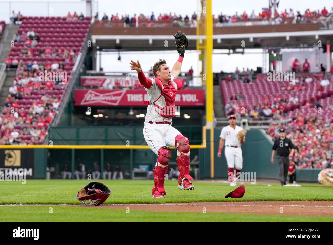 Cincinnati Reds catcher Tyler Stephenson catches a fly ball during a ...