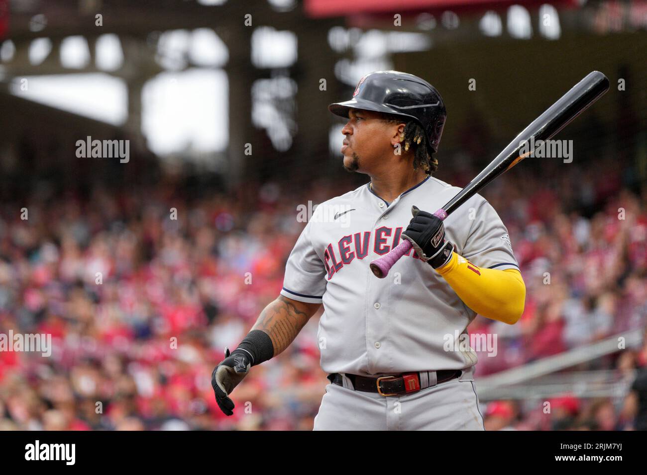 Cleveland Guardians' Jose Ramirez bats during a baseball game against ...