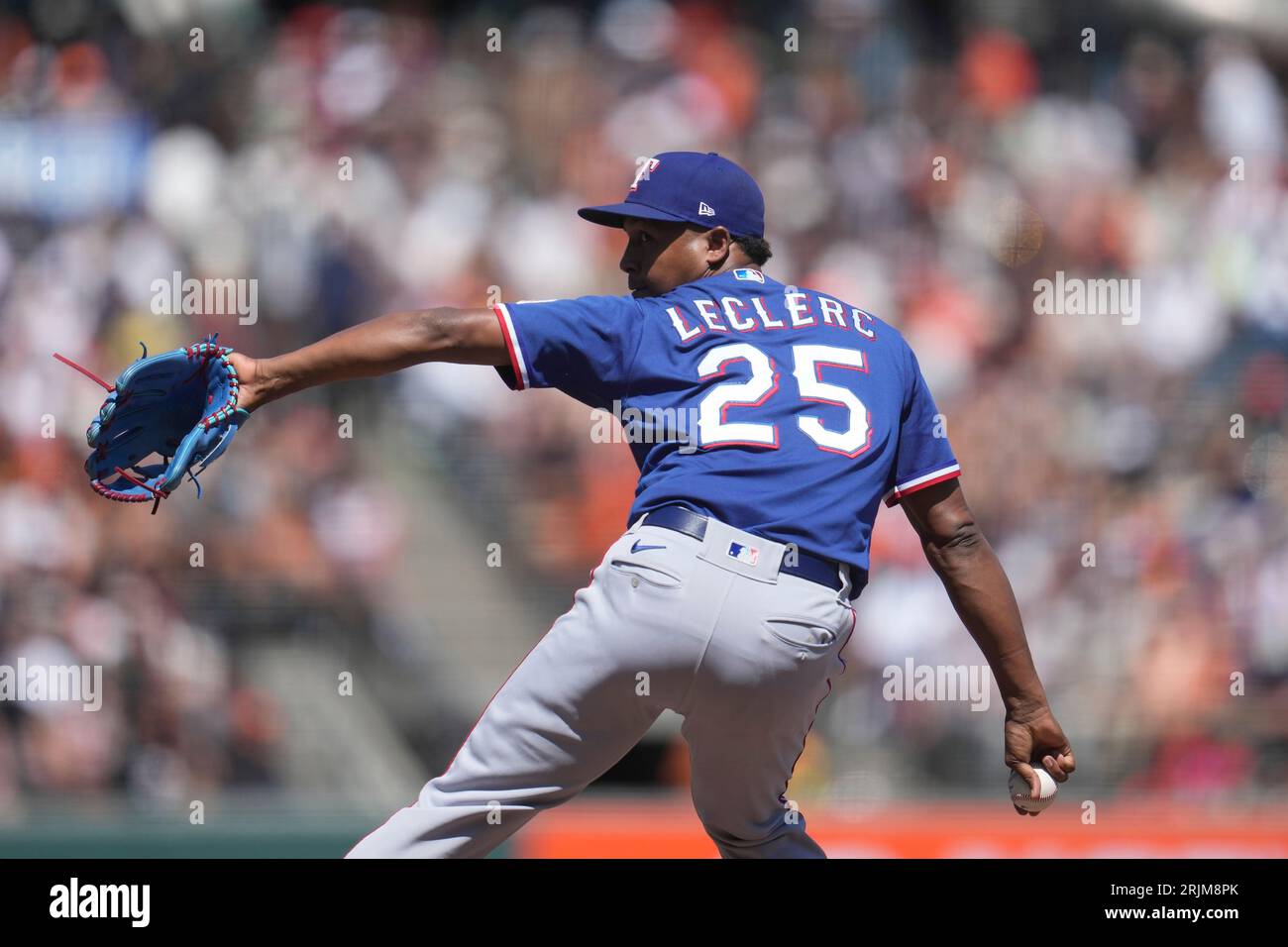 Texas Rangers' Jose Leclerc against the San Francisco Giants during a ...