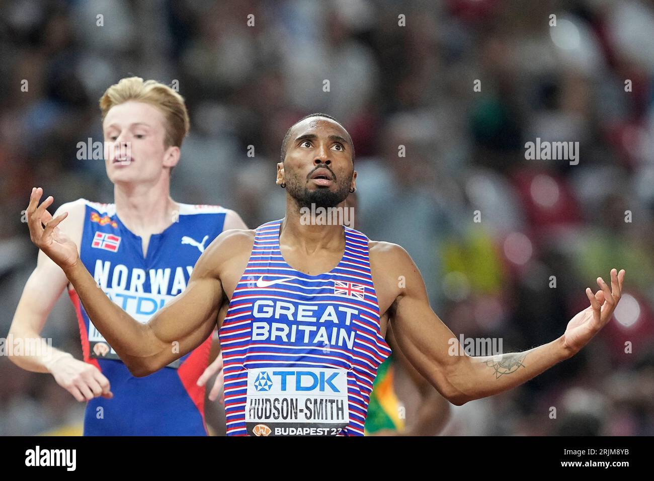 Matthew Hudson-Smith, of Great Britain, reacts after finishing a Men's ...