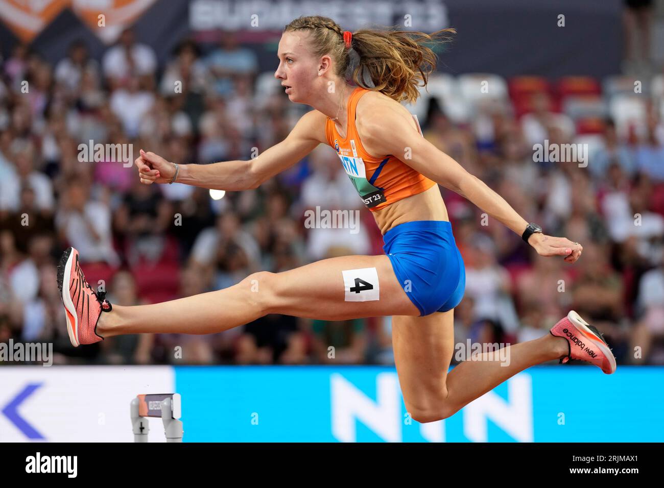 Femke Bol, of the Netherlands, competes in a women's 400-meter hurdles ...