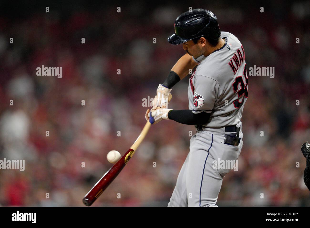 Cleveland Guardians' Steven Kwan (38) bats during a baseball game ...