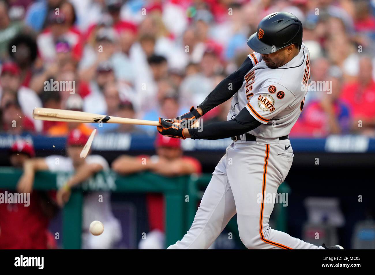 San Francisco Giants' LaMonte Wade Jr. breaks his bat on a foul ball ...