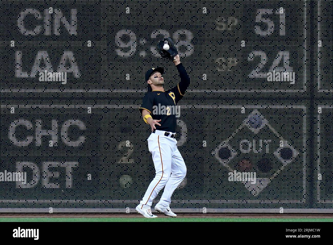 Pittsburgh Pirates right fielder Connor Joe pulls in a fly ball hit by ...