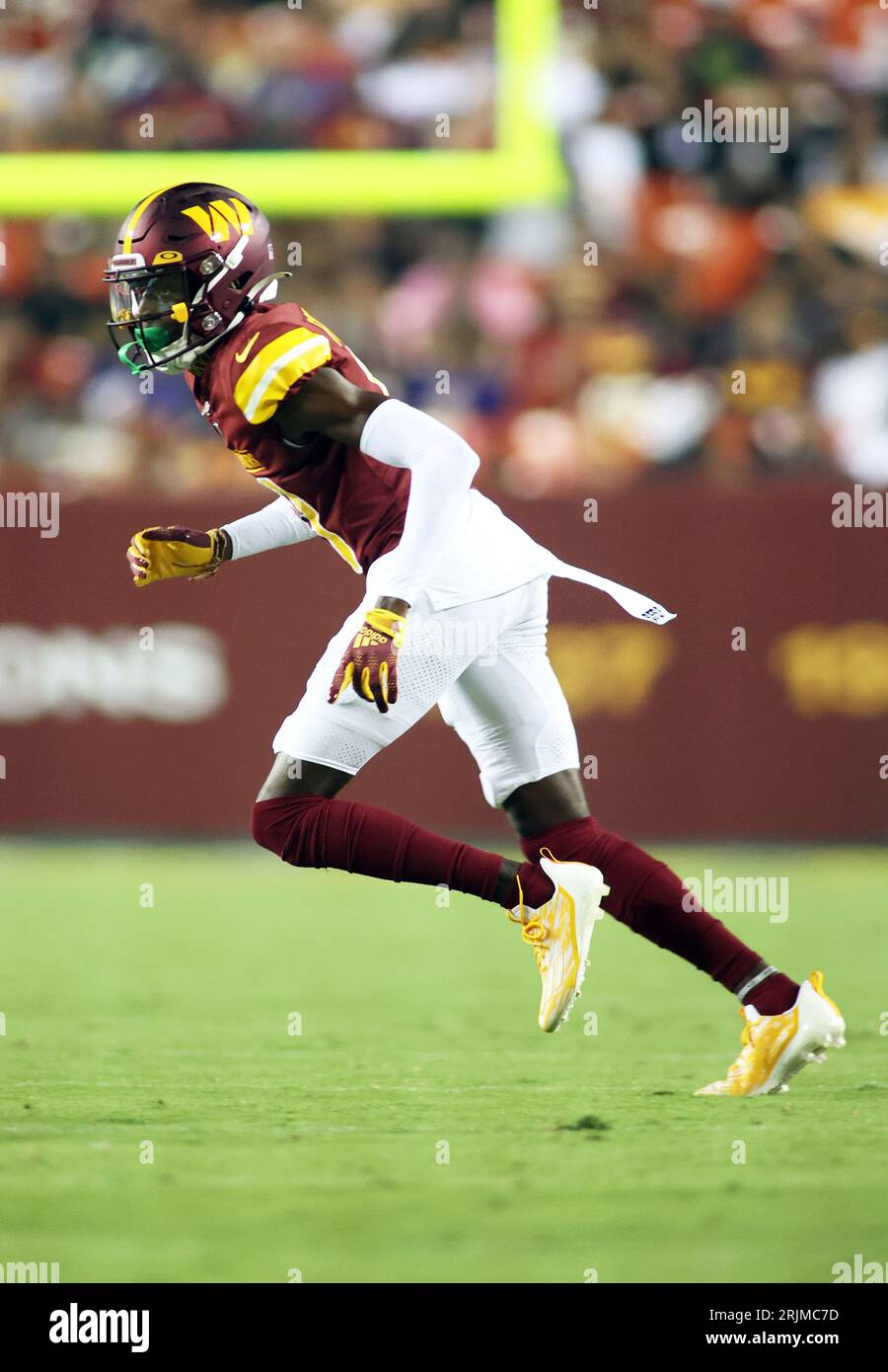 Washington Commanders cornerback Emmanuel Forbes (13) runs during an ...