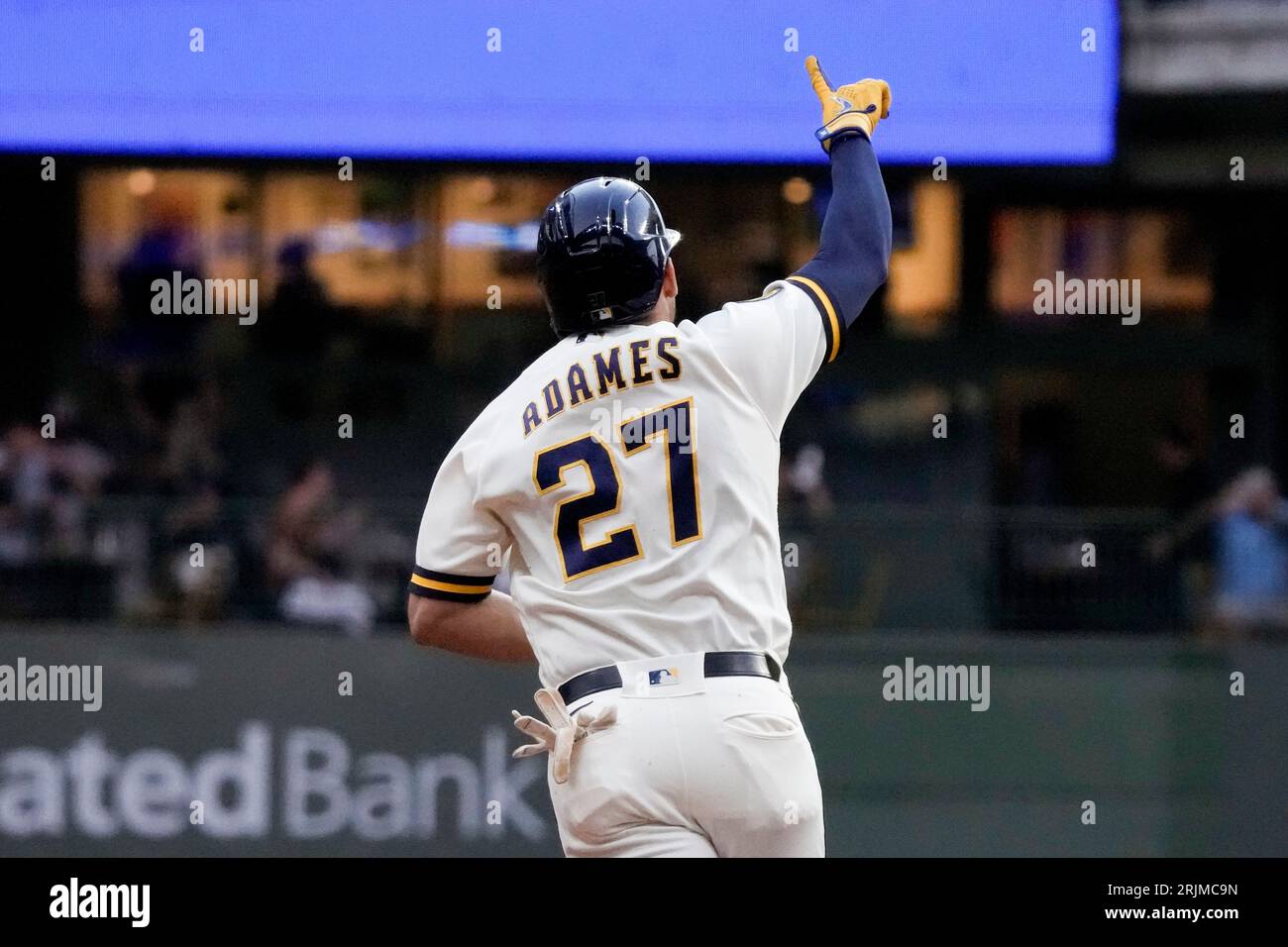 Milwaukee Brewers' Willy Adames celebrates after hitting a two-run home ...