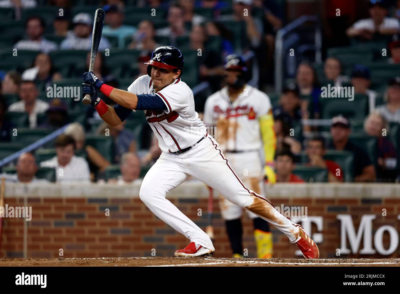 Atlanta Braves' Nicky Lopez hits a single during the fourth inning of a ...