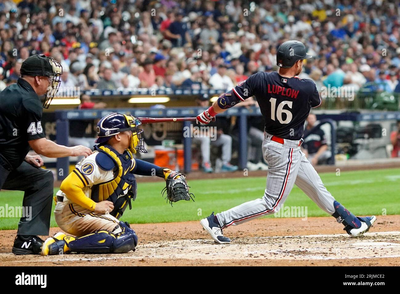 Minnesota Twins' Jordan Luplow hits a double during the fourth inning ...