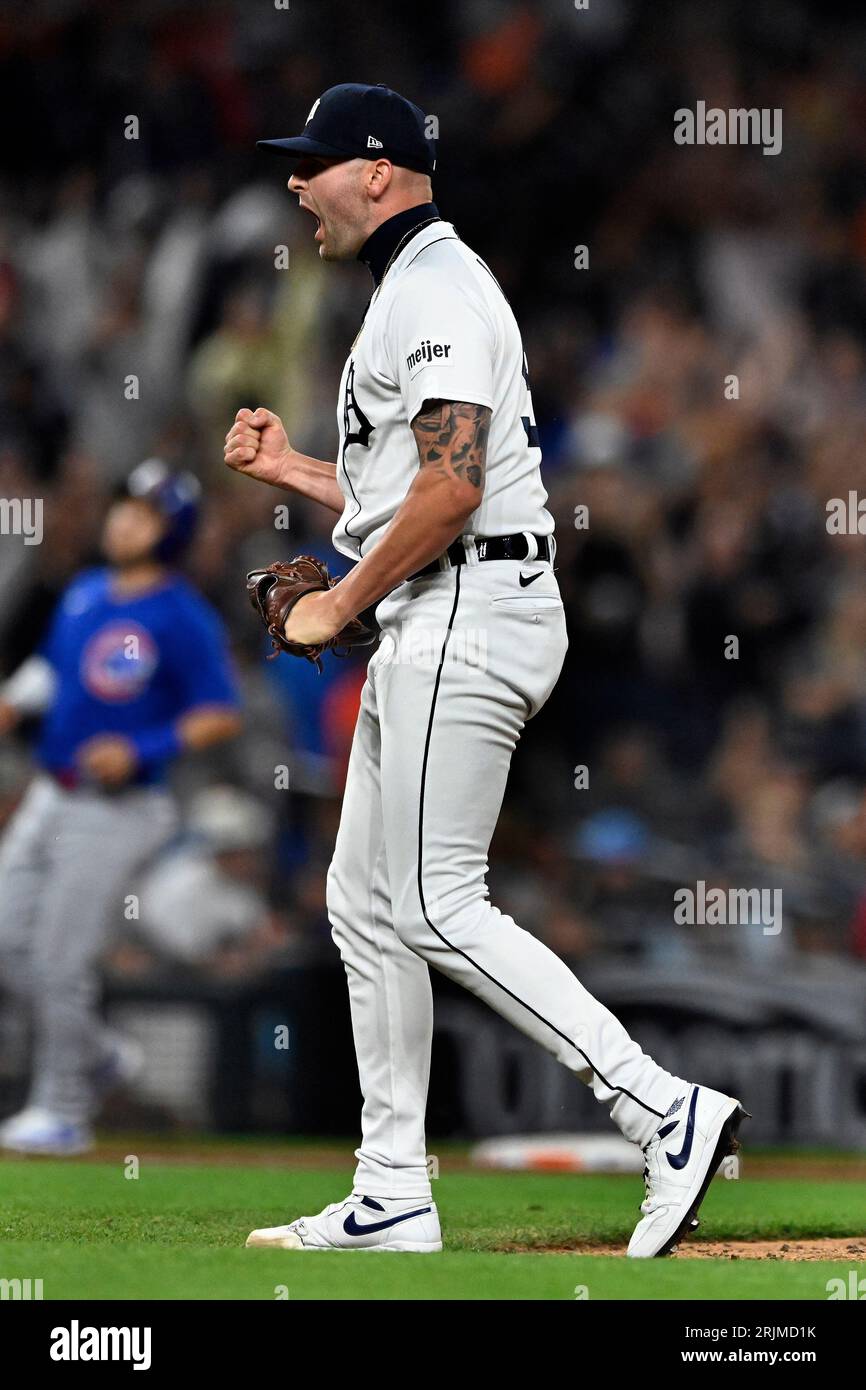Detroit Tigers relief pitcher Alex Lange reacts after the final out of ...